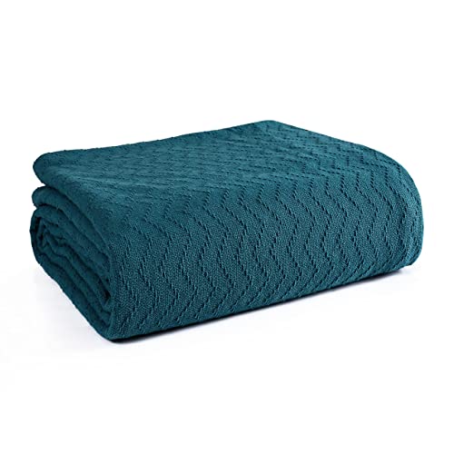 ELVANA HOME BELIZZI 100percent Cotton Bed Blanket, Breathable Thermal Blanket Full - Queen Size, Soft Chevron 90''x90'', Perfect for Layering Any All Season, Teal