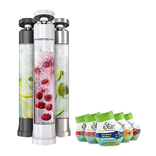 FIZZpod Soda Maker With TWO CO2 Cylinder- Fizzy Drink Machine with 3 PET Bottles, 3 Caps, 1 Carbonator Cap and Manual - Make Homemade Sparkle Water, Juice, Coffee, Tea and Cocktail Drinks with Fruit (Black + 2 CO2 + Stur Drink Mix)