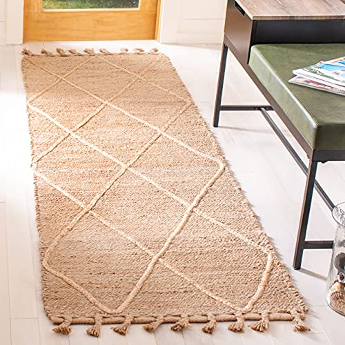 SAFAVIEH Natural Fiber Collection Runner Rug - 2'3" x 12', Natural, Farmhouse Rustic Moroccan Trellis Braided Tassel Jute Design, Ideal for High Traffic Areas in Living Room, Bedroom (NF107B)