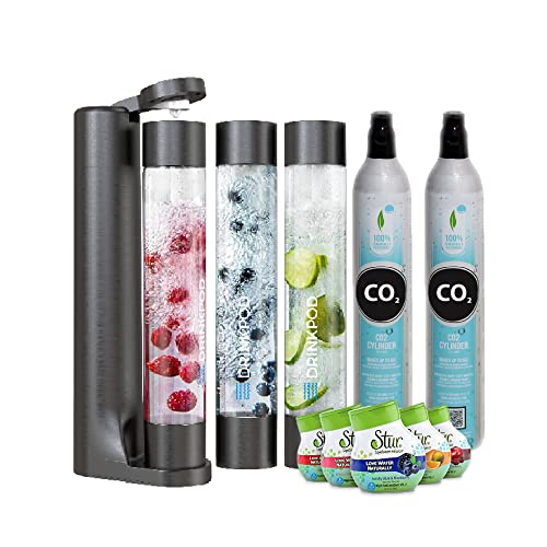 FIZZpod Soda Maker With TWO CO2 Cylinder- Fizzy Drink Machine with 3 PET Bottles, 3 Caps, 1 Carbonator Cap and Manual - Make Homemade Sparkle Water, Juice, Coffee, Tea and Cocktail Drinks with Fruit (Black + 2 CO2 + Stur Drink Mix)