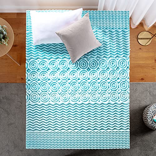 Zinus 1 Inch Green Tea Cooling Gel Memory Foam Zoned Support Mattress Topper, Full, Blue