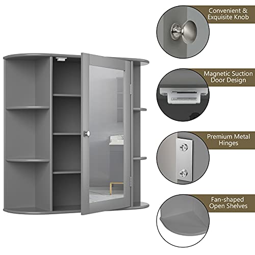 Moccha Bathroom Cabinet, Mirrored Wall Mounted Medicine Cabinet with Mirrored Door and 6 Open Shelves, Floating Shelf, Dressing Mirror with Storage Cabinet, Suitable for Foyer, Living Room (Gray)