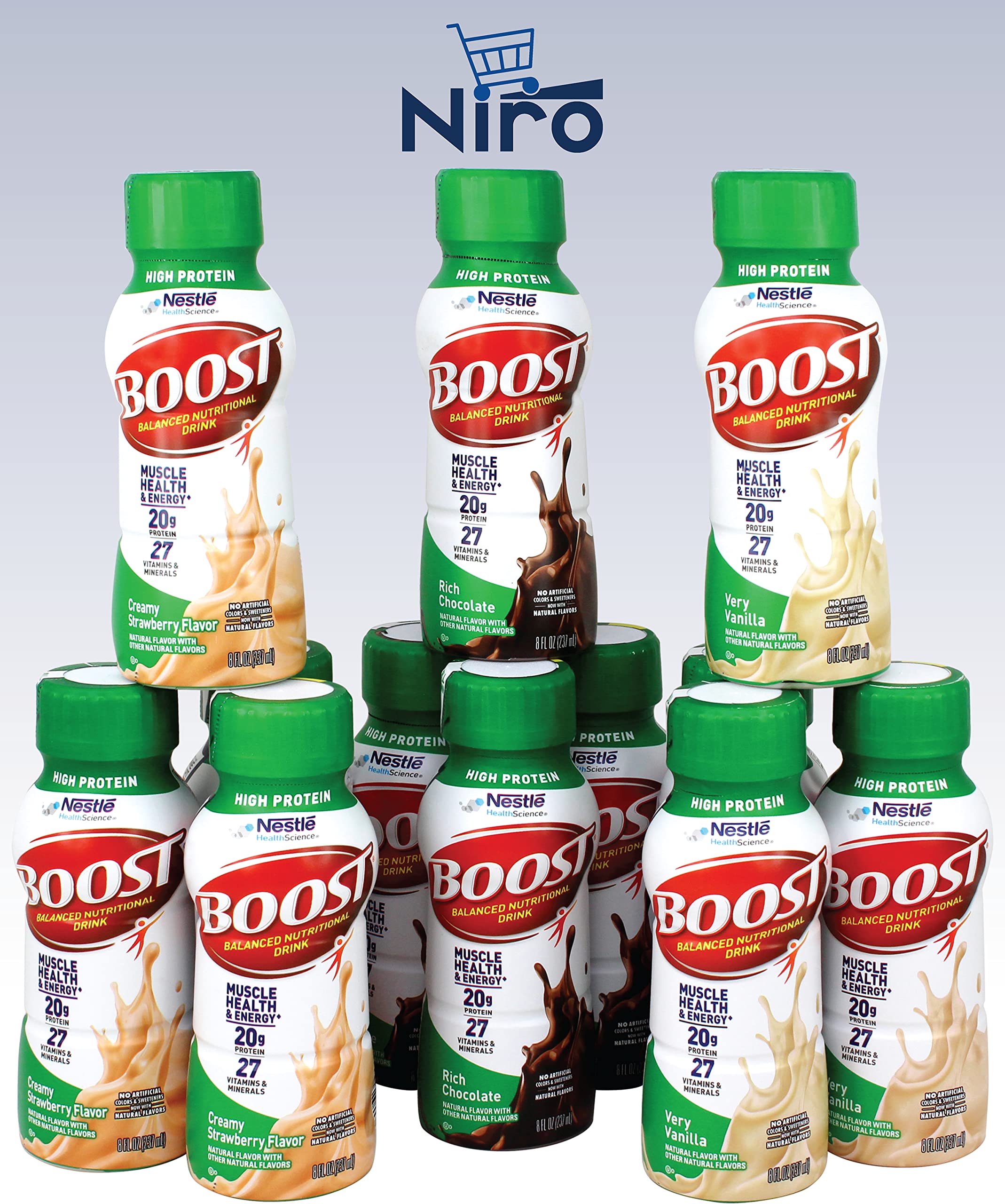 Niro Assortment | Boost High Protein Shake Variety | High Protein | Boost Rich Chocolate, Boost Creamy Strawberry, and Boost Very Vanilla Flavors | 12 Pack | Included one Niro beverage sleeve