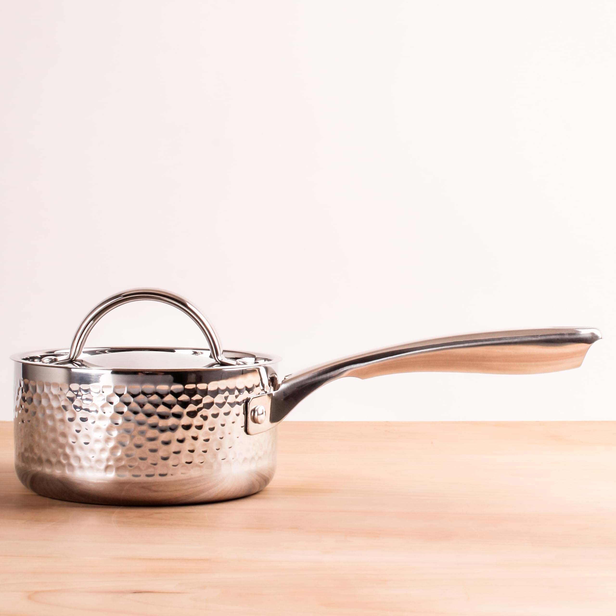 BergHOFF Vintage Tri-Ply 18/10 Stainless Steel Saucepan 5.5in 1qt. With Matching Lid, Hammered, Long and Ergonomic Shaped Handle, Induction Cooktop, Silver