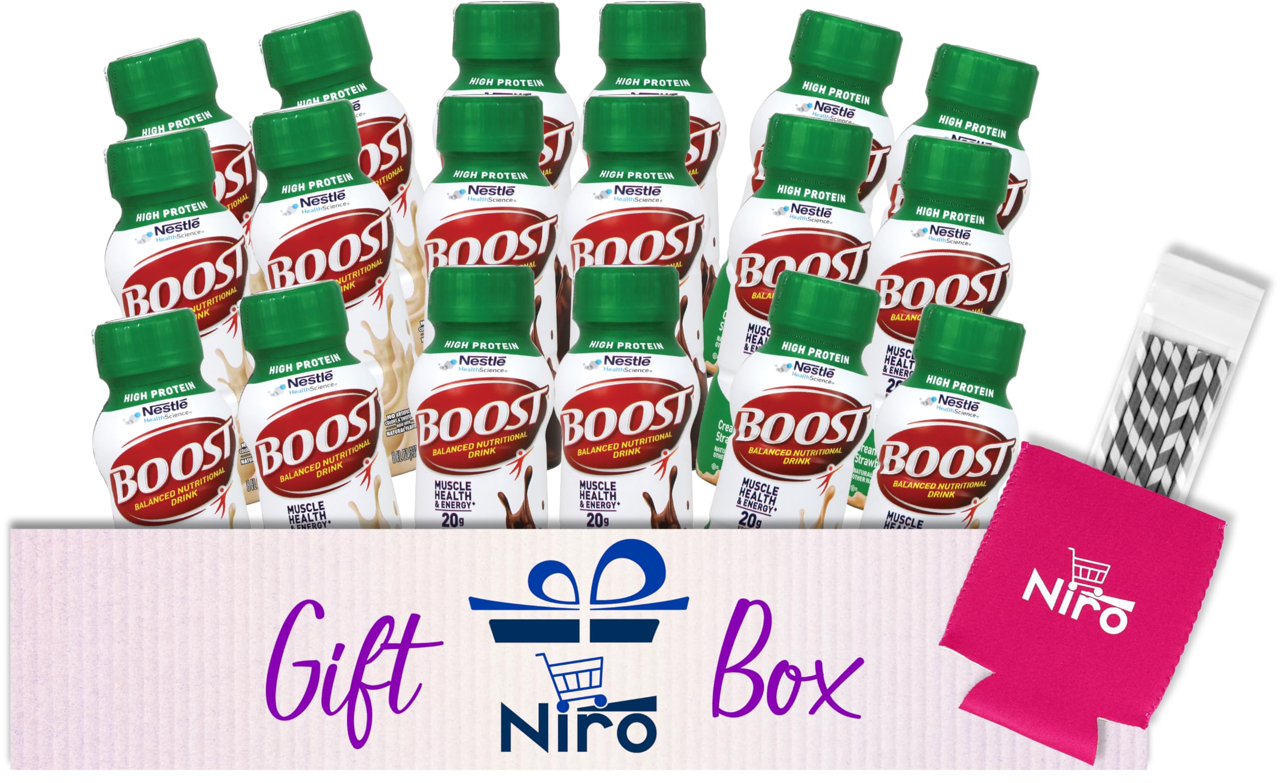 Niro Assortment | Boost High Protein Shake Variety | High Protein | Boost Rich Chocolate, Boost Creamy Strawberry, and Boost Very Vanilla Flavors | 12 Pack | Included one Niro beverage sleeve