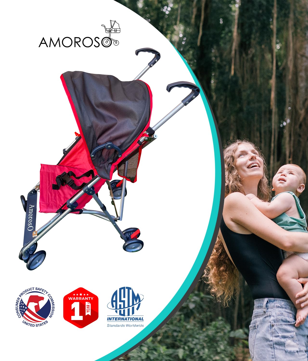 AmorosO Single Umbrella Stroller for Toddler, Travel Stroller for Babies - Sunlight and Light Rain Protection - Baby Stroller with Four EVA Wheels - Travel-Ready Stroller - Round Canopy (Red/Black)