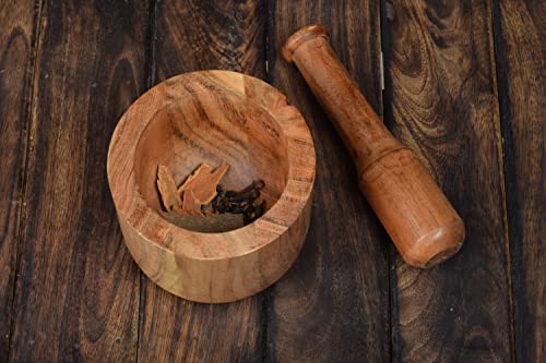 Samhita Acacia Wood Mortar and Pestle for Garlic Pepper Herb Crusher Kitchen Utensils Birthday Housewarming Gift. Mortar- 4" x 3" Pestle- 5.5"