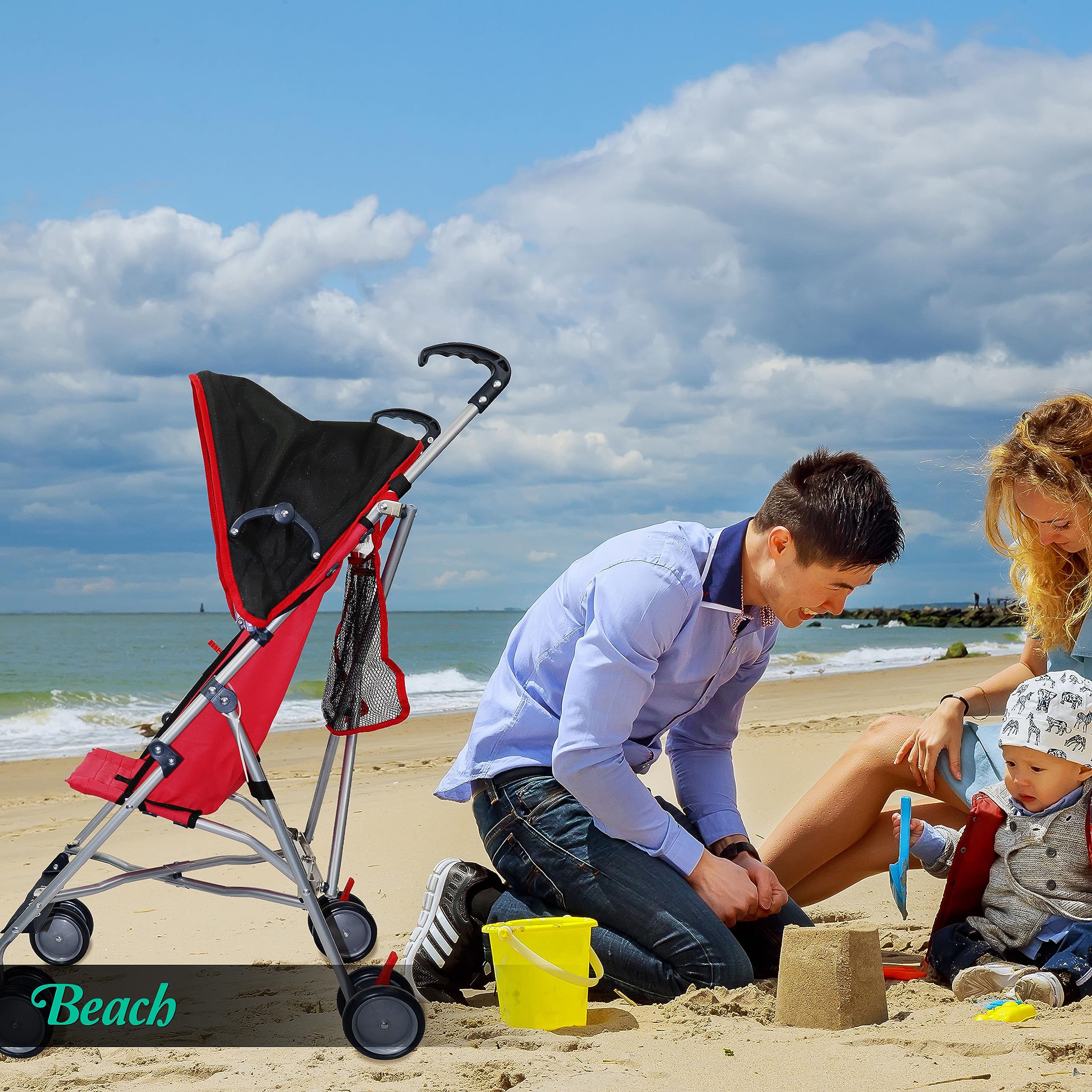 AmorosO Single Umbrella Stroller for Toddler, Travel Stroller for Babies - Sunlight and Light Rain Protection - Baby Stroller with Four EVA Wheels - Travel-Ready Stroller - Round Canopy (Red/Black)