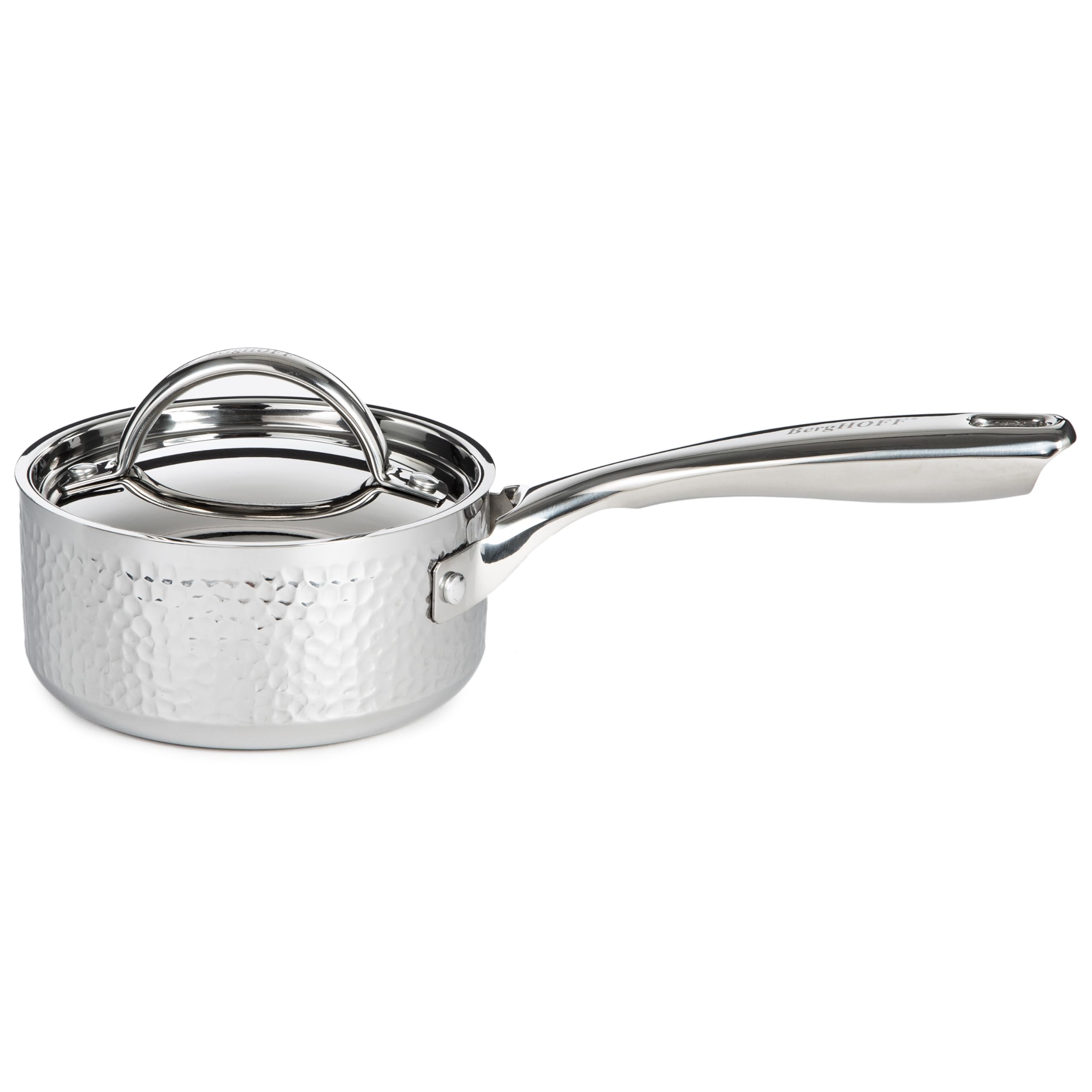 BergHOFF Vintage Tri-Ply 18/10 Stainless Steel Saucepan 5.5in 1qt. With Matching Lid, Hammered, Long and Ergonomic Shaped Handle, Induction Cooktop, Silver