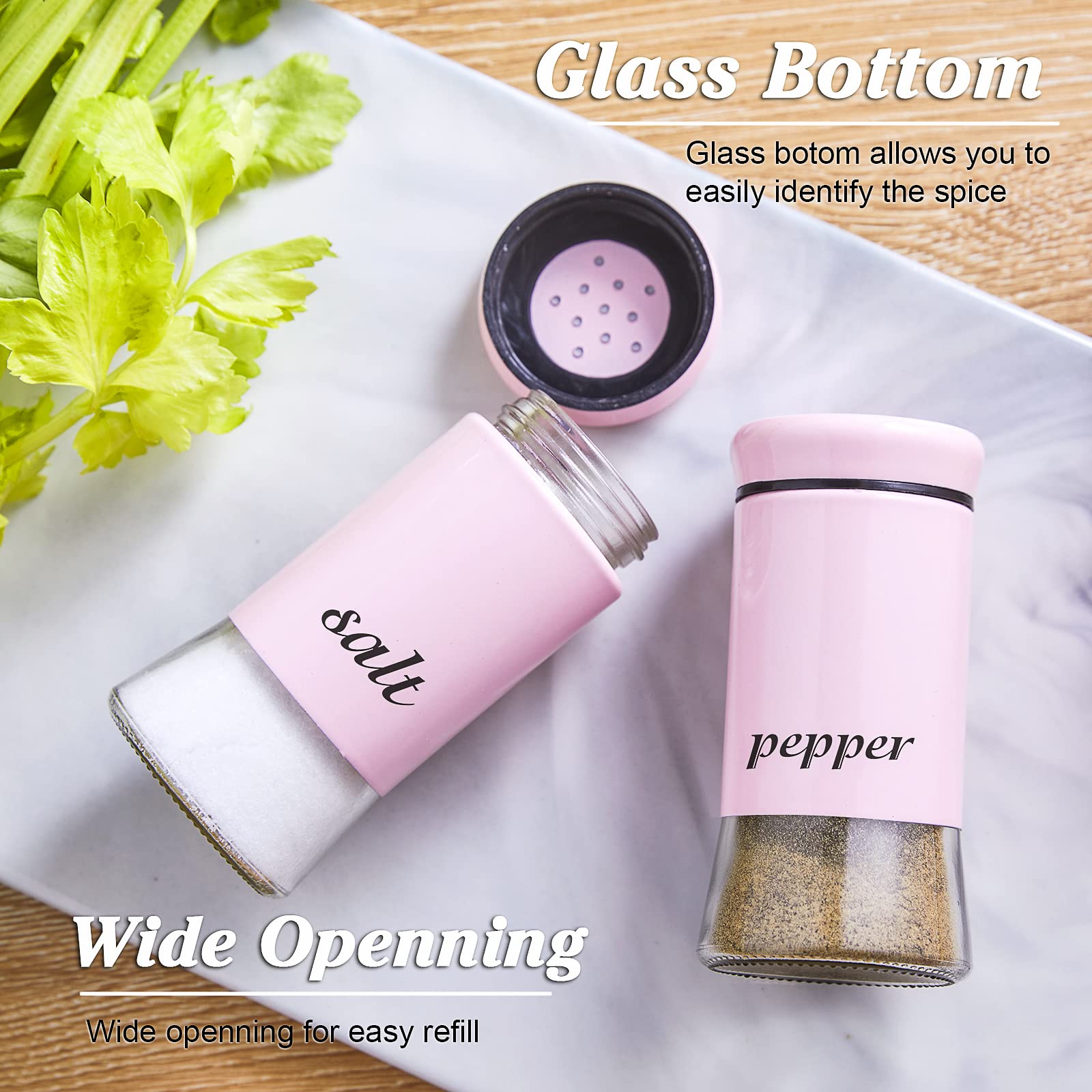 Pink Salt and Pepper Shakers - Pink Kitchen Accessories Decor- 5 oz Glass Salt and Pepper Set for Cooking Table, RV, BBQ, Easy to Clean & Refill