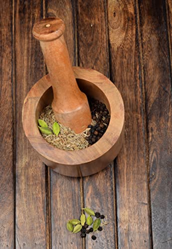 Samhita Acacia Wood Mortar and Pestle for Garlic Pepper Herb Crusher Kitchen Utensils Birthday Housewarming Gift. Mortar- 4" x 3" Pestle- 5.5"