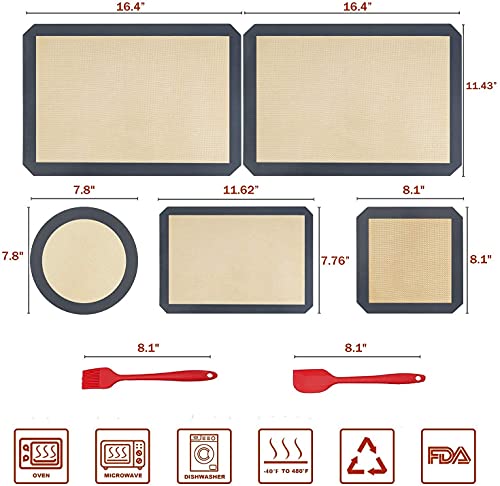 Silicone Baking Mats, Set of 7, BPA-Free Food Grade Reusable Baking Mat Professional Non-stick Pastry Mat Oven Liner Sheets Mats Silicone pan liners Square Cake Pan Mat Silicone Oil Brush &Knife