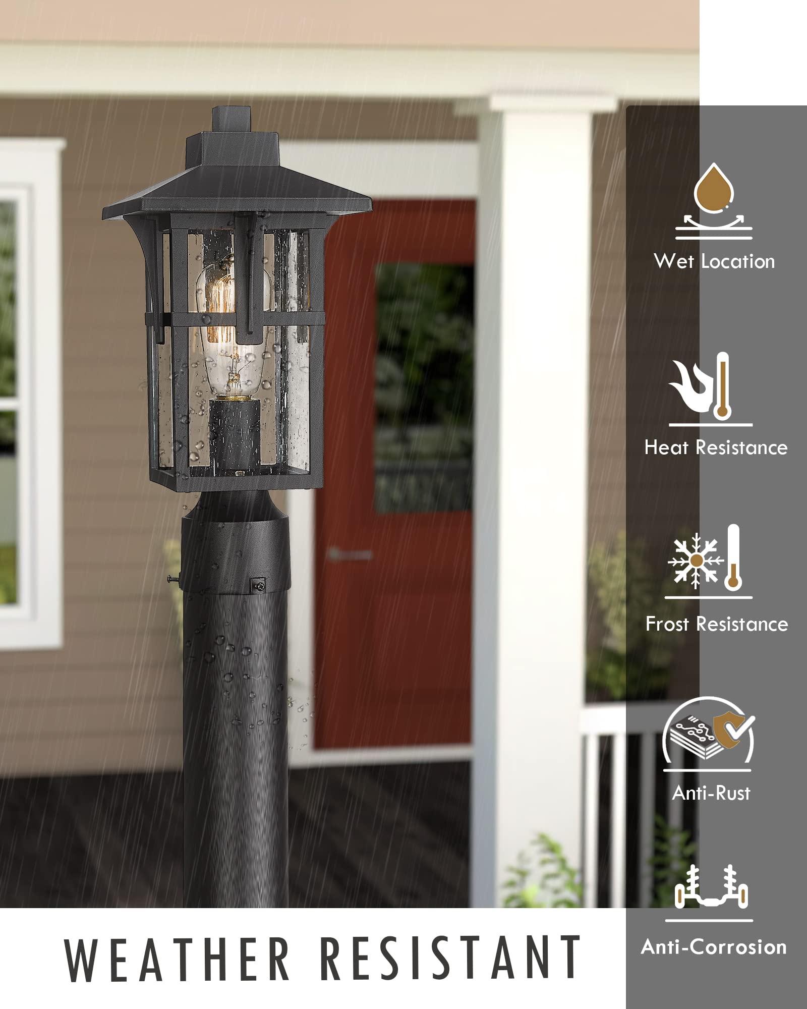 Exterior Post Light, HWH Outdoor Pole Lantern Pillar Light Fixture with Seeded Glass Shade, Matte Black Finish, 5HX62P BK