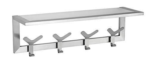 Cortesi Home Milton Contemporary Stainless Steel Multipurpose Hook Rail/Rack with Glass Shelf, Brushed Aluminum, CH-BR798109