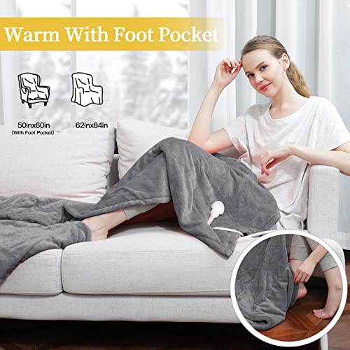 WAPANEUS Electric Throw Blanket 50βx60β Flannel Heated Throw Blanket with Foot Pocket, 3 Heating Settings 4 Hours Auto-Off, Fast-Heating, ETL Listed, Machine Washable, Grey