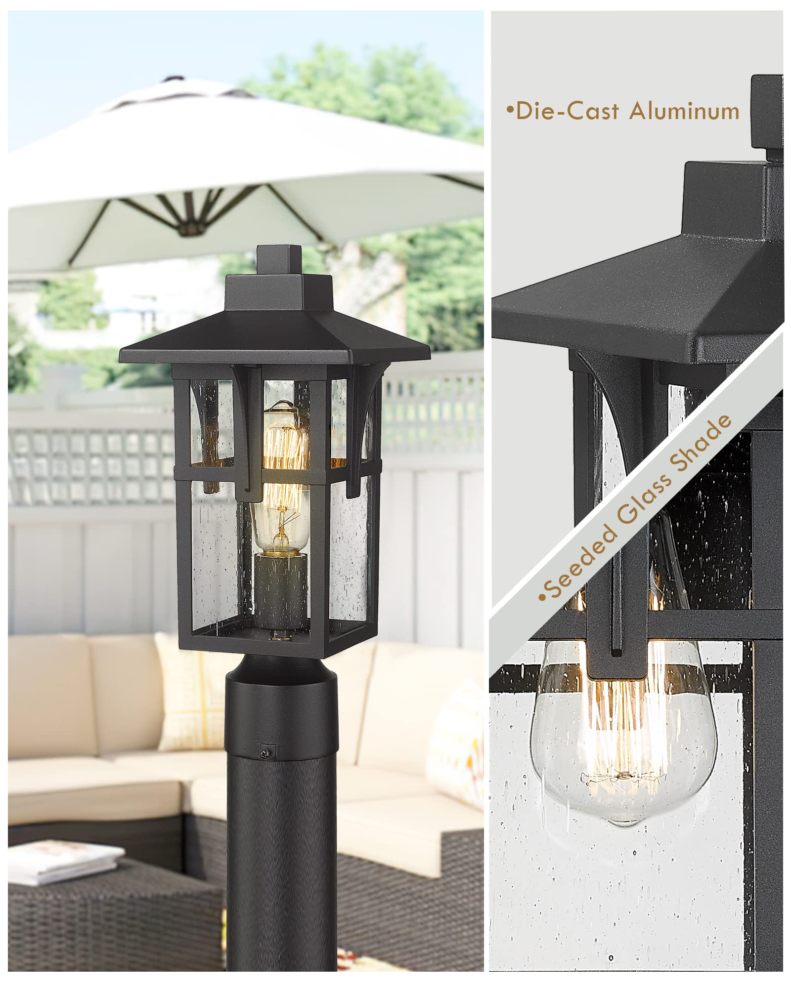Exterior Post Light, HWH Outdoor Pole Lantern Pillar Light Fixture with Seeded Glass Shade, Matte Black Finish, 5HX62P BK