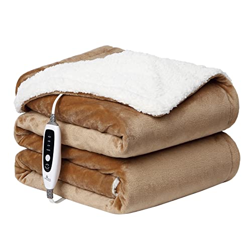 CAROMIO Electric Heated Blanket Throw, 4 Heating Levels & 4 Hours Auto Off, Thick Flannel & Sherpa Reversible Electric Blanket, Fast Heating Blanket Throw with Overheating Protection, Brown 50" x 60"