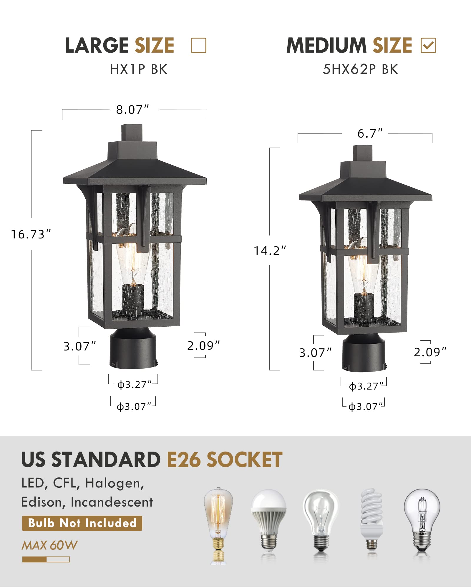 Exterior Post Light, HWH Outdoor Pole Lantern Pillar Light Fixture with Seeded Glass Shade, Matte Black Finish, 5HX62P BK