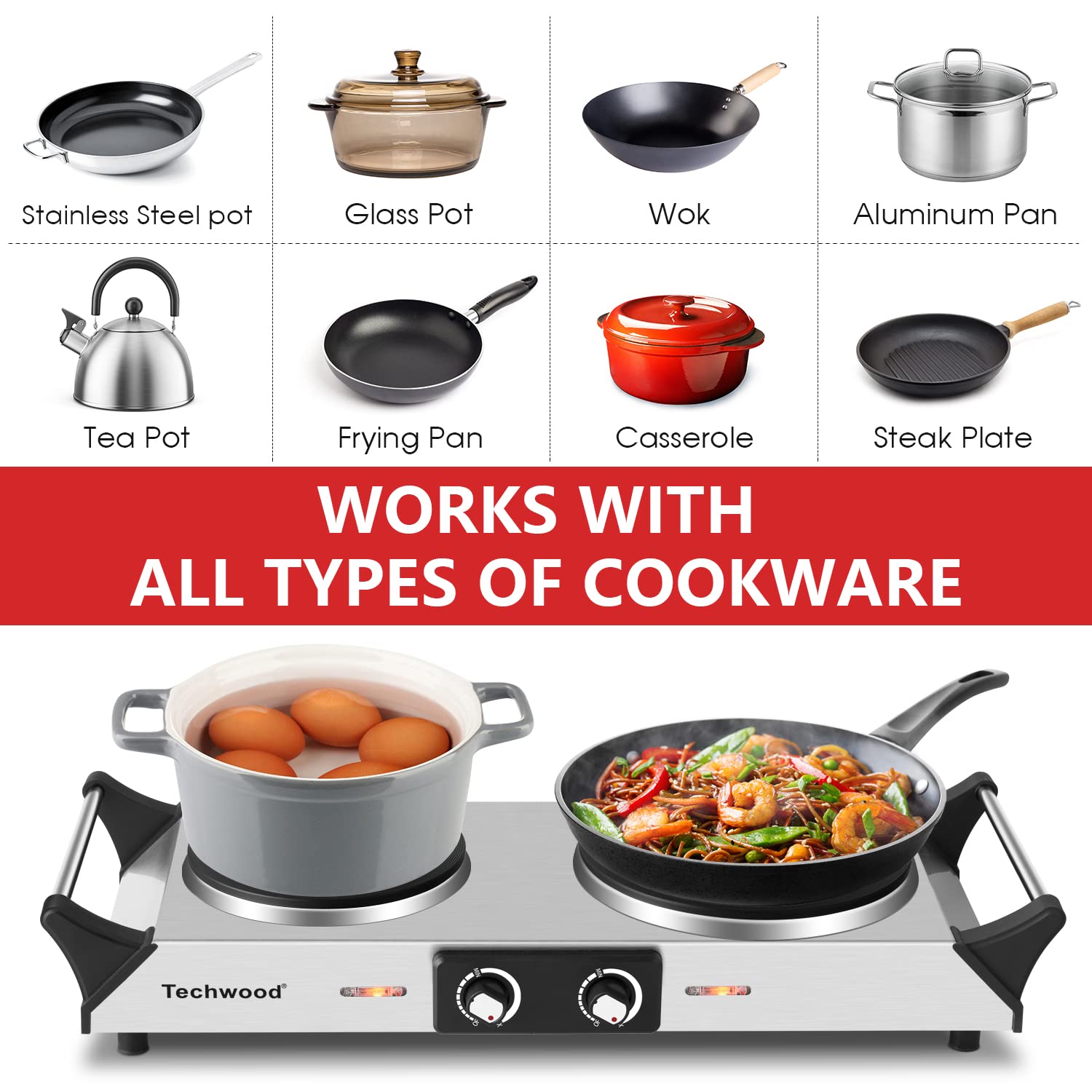 Hot Plate, Techwood Double Burner for Cooking, 1800W Countertop Electric Stoves with Adjustable Temperature & Stay Cool Handles, Dual Cooktop for RV/Home/Camp, Upgraded Version Stainless Steel, Silver