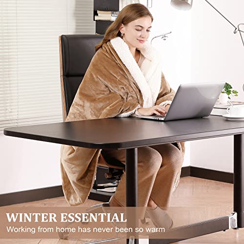 CAROMIO Electric Heated Blanket Throw, 4 Heating Levels & 4 Hours Auto Off, Thick Flannel & Sherpa Reversible Electric Blanket, Fast Heating Blanket Throw with Overheating Protection, Brown 50" x 60"