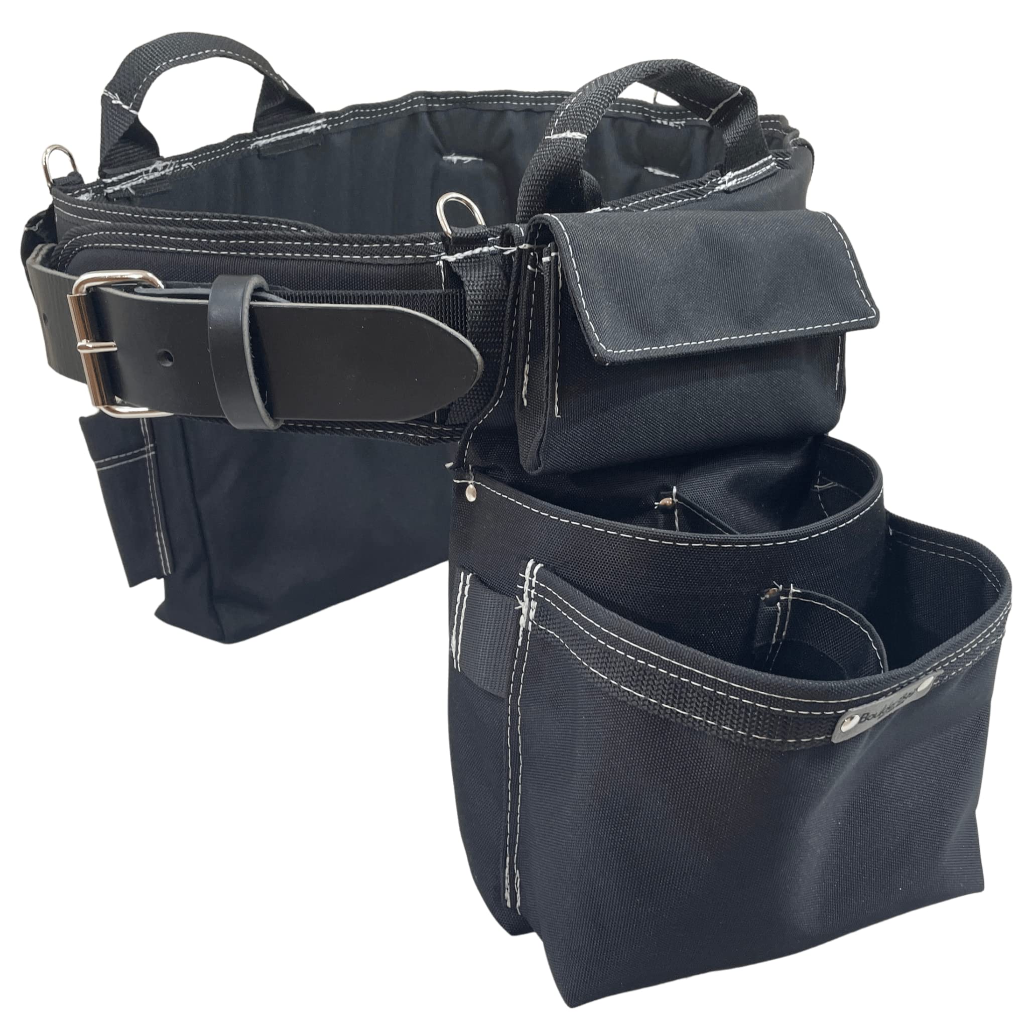 BOULDER BAG Ultimate Electrician's MAX Combo with Comfort Back Support Tool Belt, Leather Belt Buckle, Heavy Duty Tool Belt, Black with White Stitching, (Large 36-40 Inch Waist), Tool Belt Made in USA
