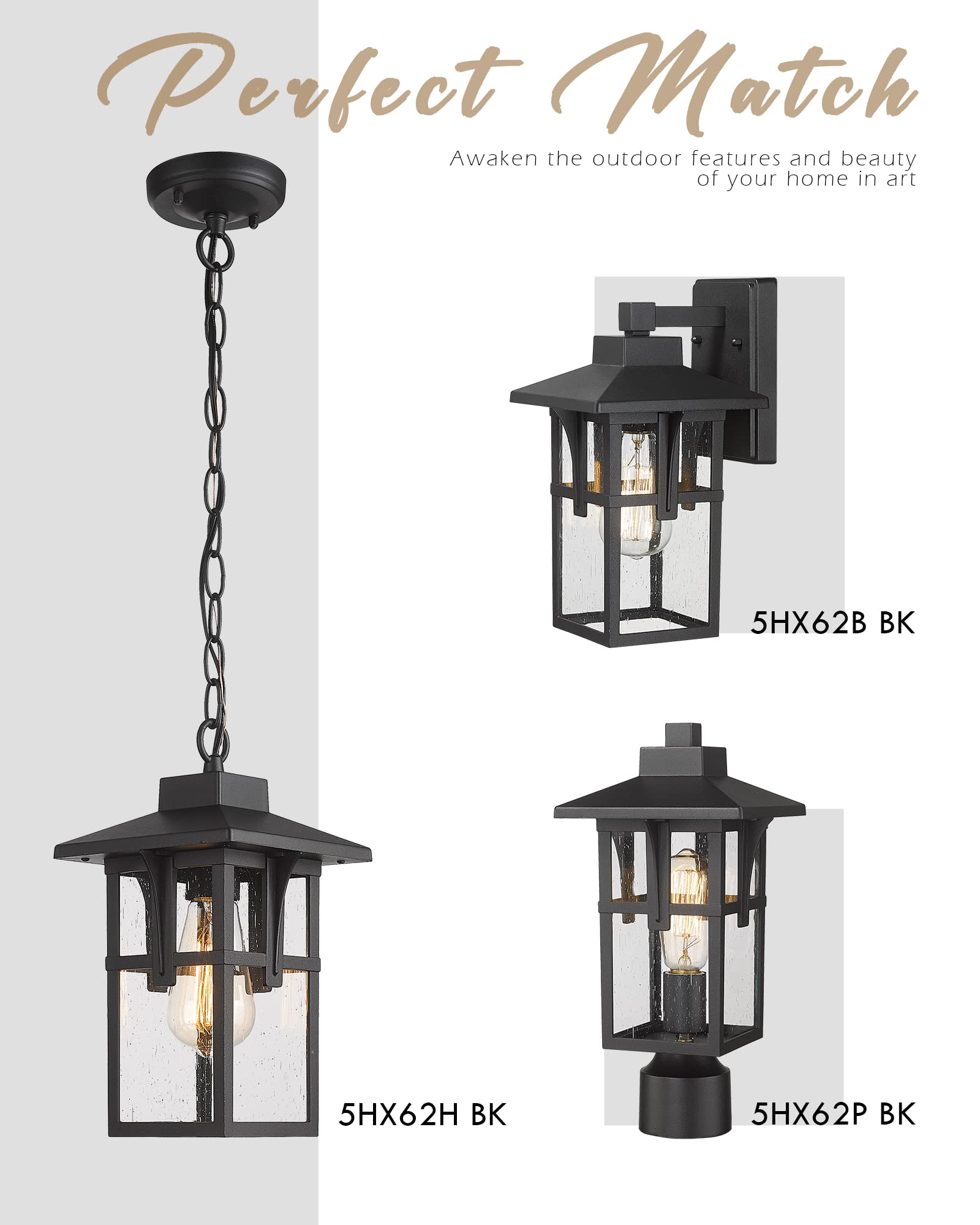 Exterior Post Light, HWH Outdoor Pole Lantern Pillar Light Fixture with Seeded Glass Shade, Matte Black Finish, 5HX62P BK