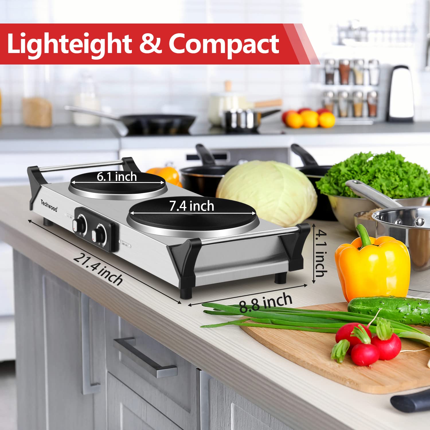 Hot Plate, Techwood Double Burner for Cooking, 1800W Countertop Electric Stoves with Adjustable Temperature & Stay Cool Handles, Dual Cooktop for RV/Home/Camp, Upgraded Version Stainless Steel, Silver