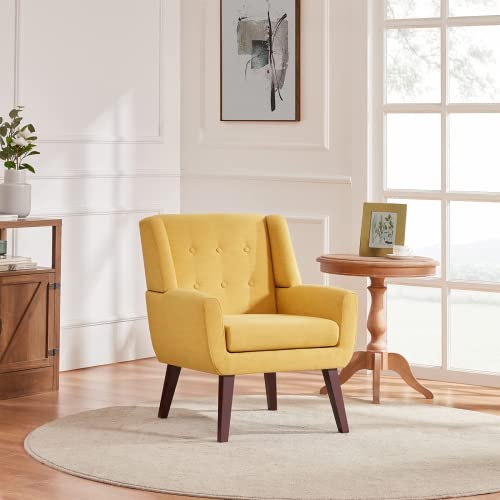 HUIMO Accent Chair, Button Tufted Upholstered Sofa Chairs, Comfy Linen Fabric Armchair for Bedroom, Reading, Mid-Century Modern Living Room Chair (Yellow)