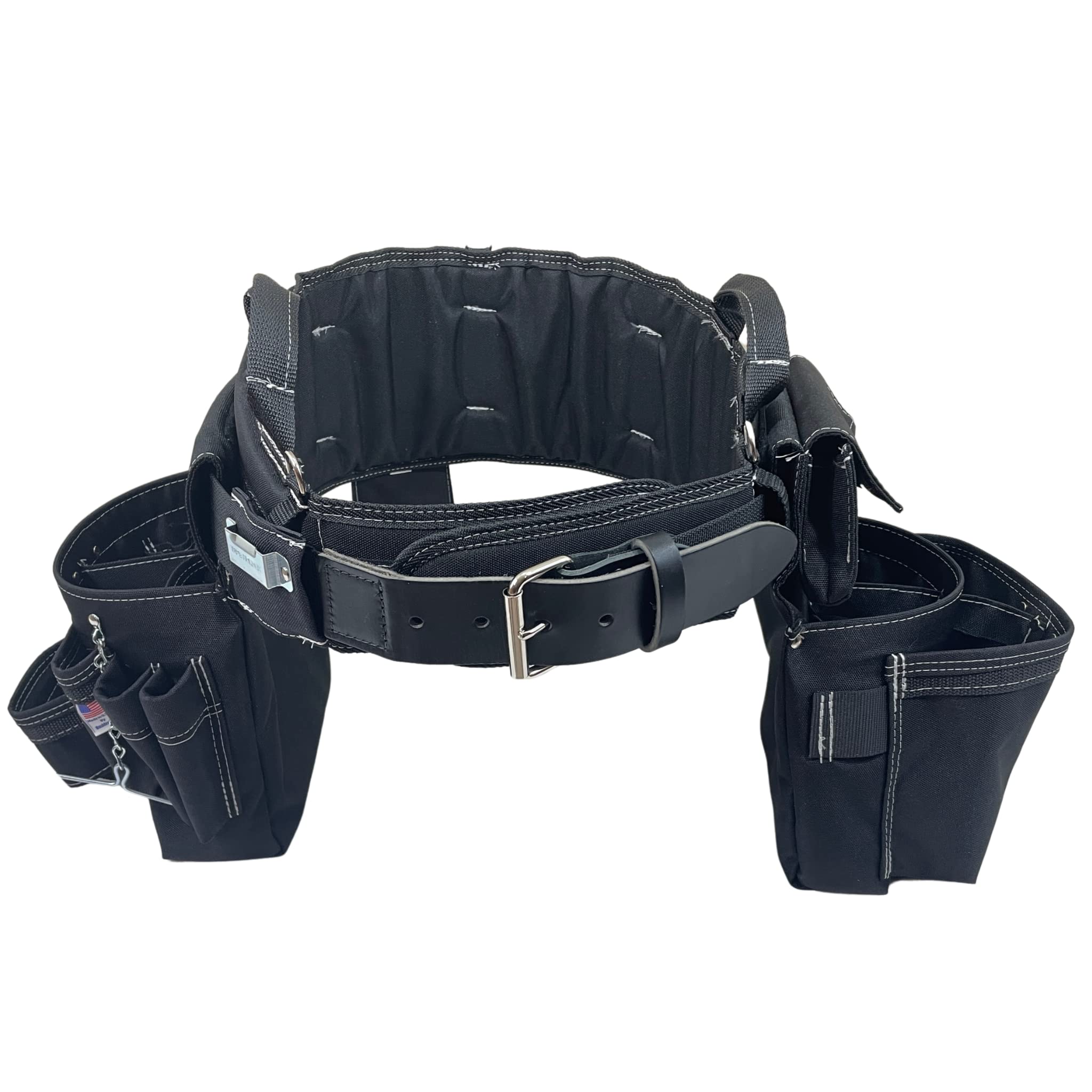 BOULDER BAG Ultimate Electrician's MAX Combo with Comfort Back Support Tool Belt, Leather Belt Buckle, Heavy Duty Tool Belt, Black with White Stitching, (Large 36-40 Inch Waist), Tool Belt Made in USA