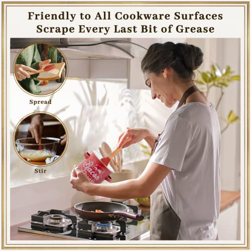 Bacon Grease Container with Strainer - 46OZ Large Capacity, With Silicone Wooden Spatula, Enamel Bacon Grease Keeper for Bacon Drippings, Farmhouse Red Kitchen Decor and Accessories, Dishwasher Safe