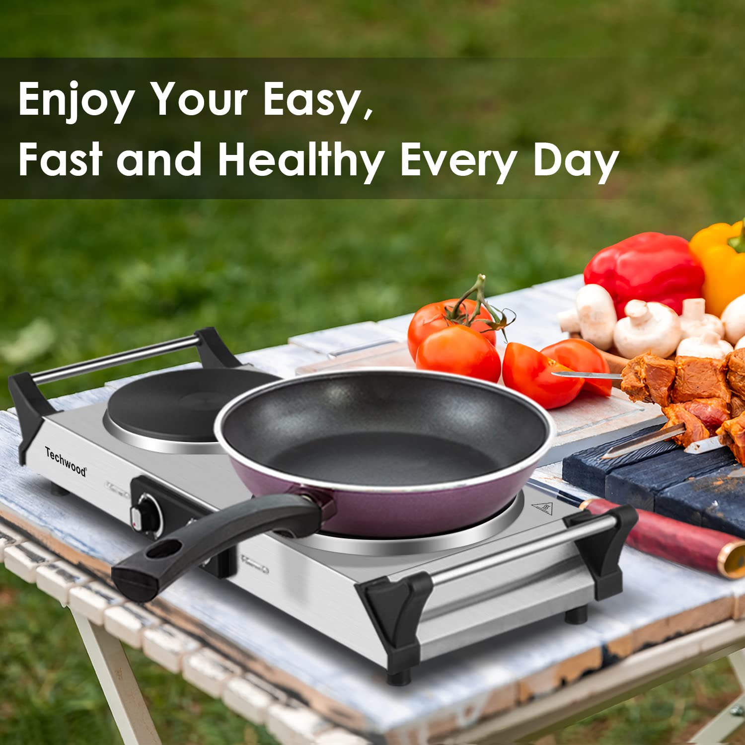 Hot Plate, Techwood Double Burner for Cooking, 1800W Countertop Electric Stoves with Adjustable Temperature & Stay Cool Handles, Dual Cooktop for RV/Home/Camp, Upgraded Version Stainless Steel, Silver