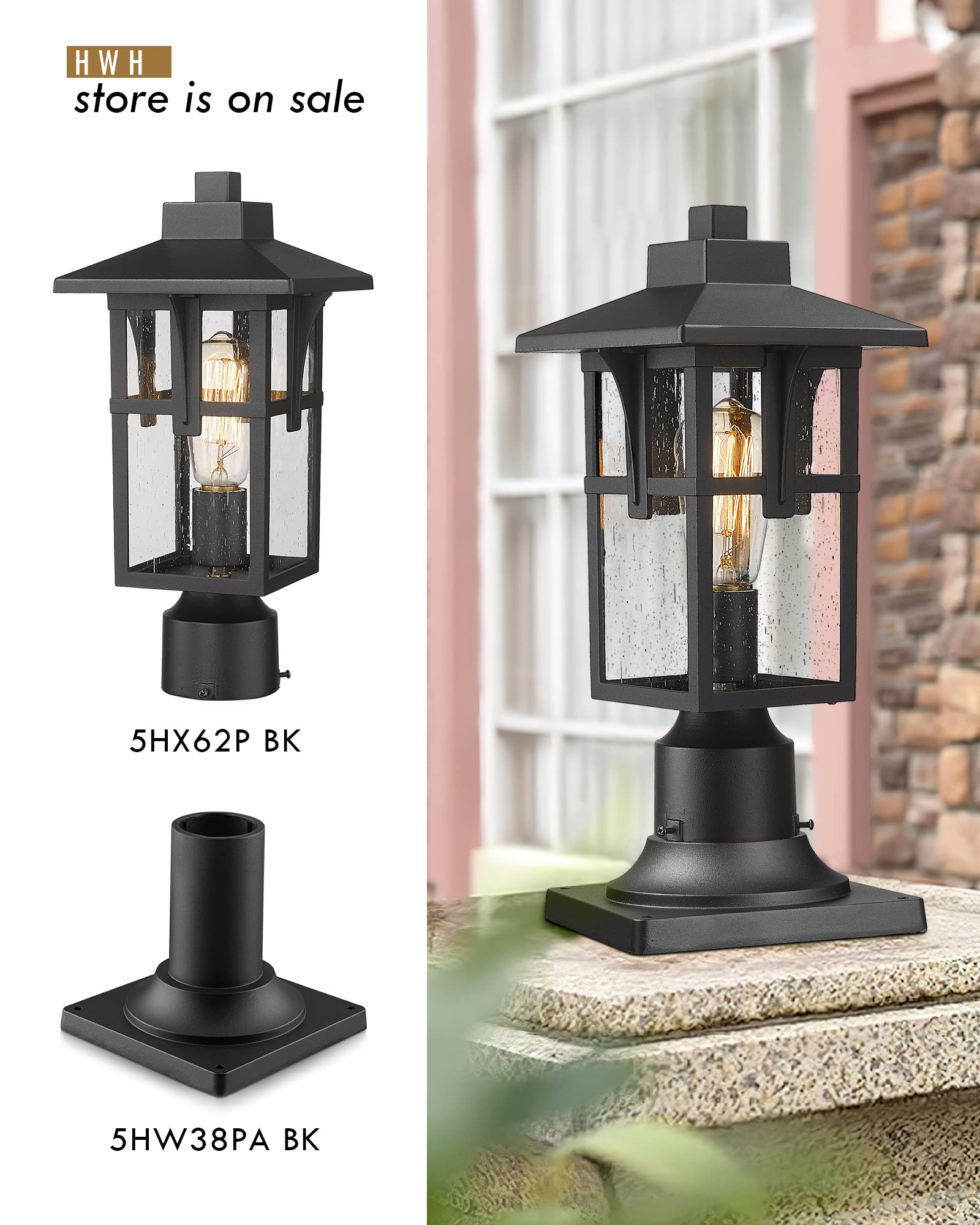 Exterior Post Light, HWH Outdoor Pole Lantern Pillar Light Fixture with Seeded Glass Shade, Matte Black Finish, 5HX62P BK