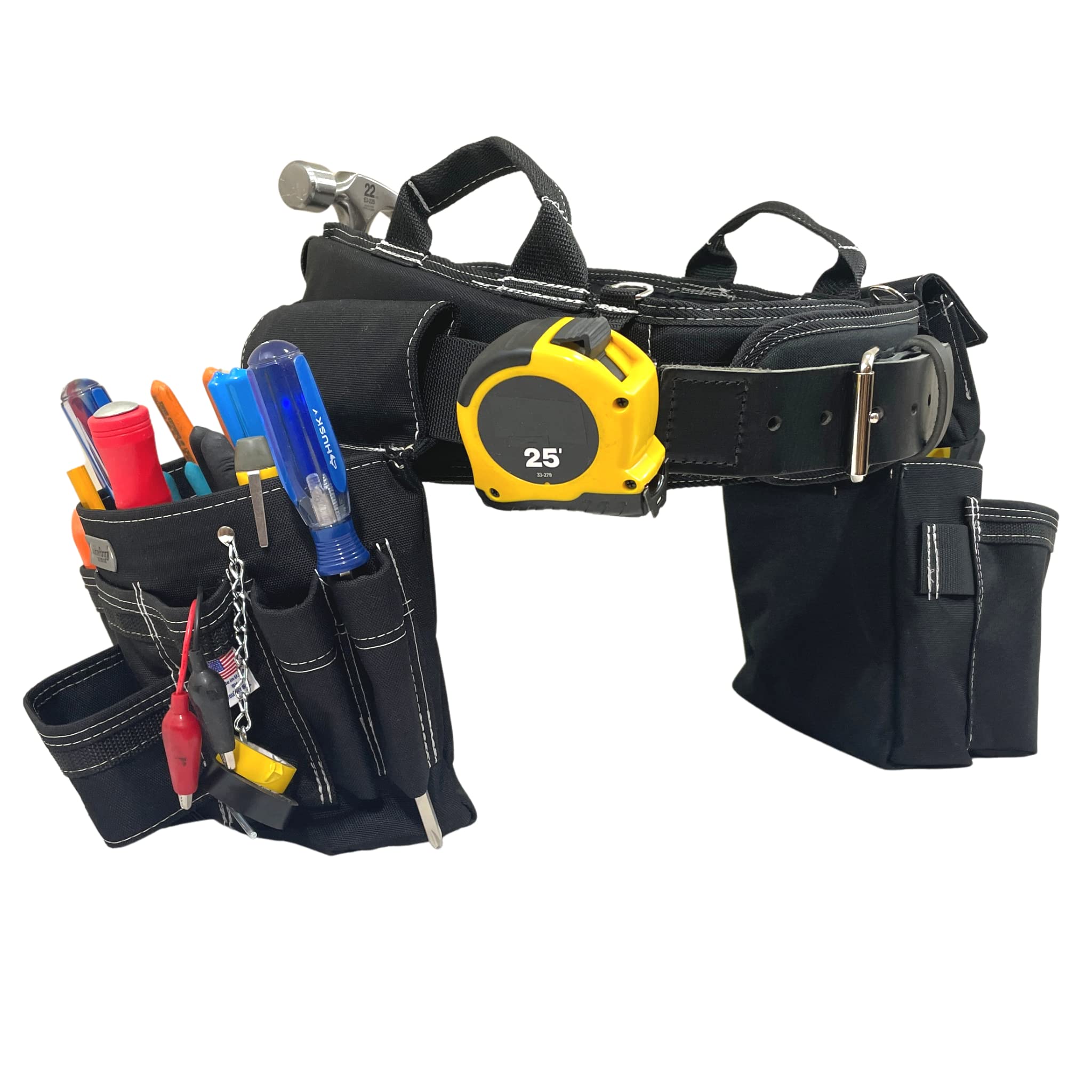 BOULDER BAG Ultimate Electrician's MAX Combo with Comfort Back Support Tool Belt, Leather Belt Buckle, Heavy Duty Tool Belt, Black with White Stitching, (Large 36-40 Inch Waist), Tool Belt Made in USA