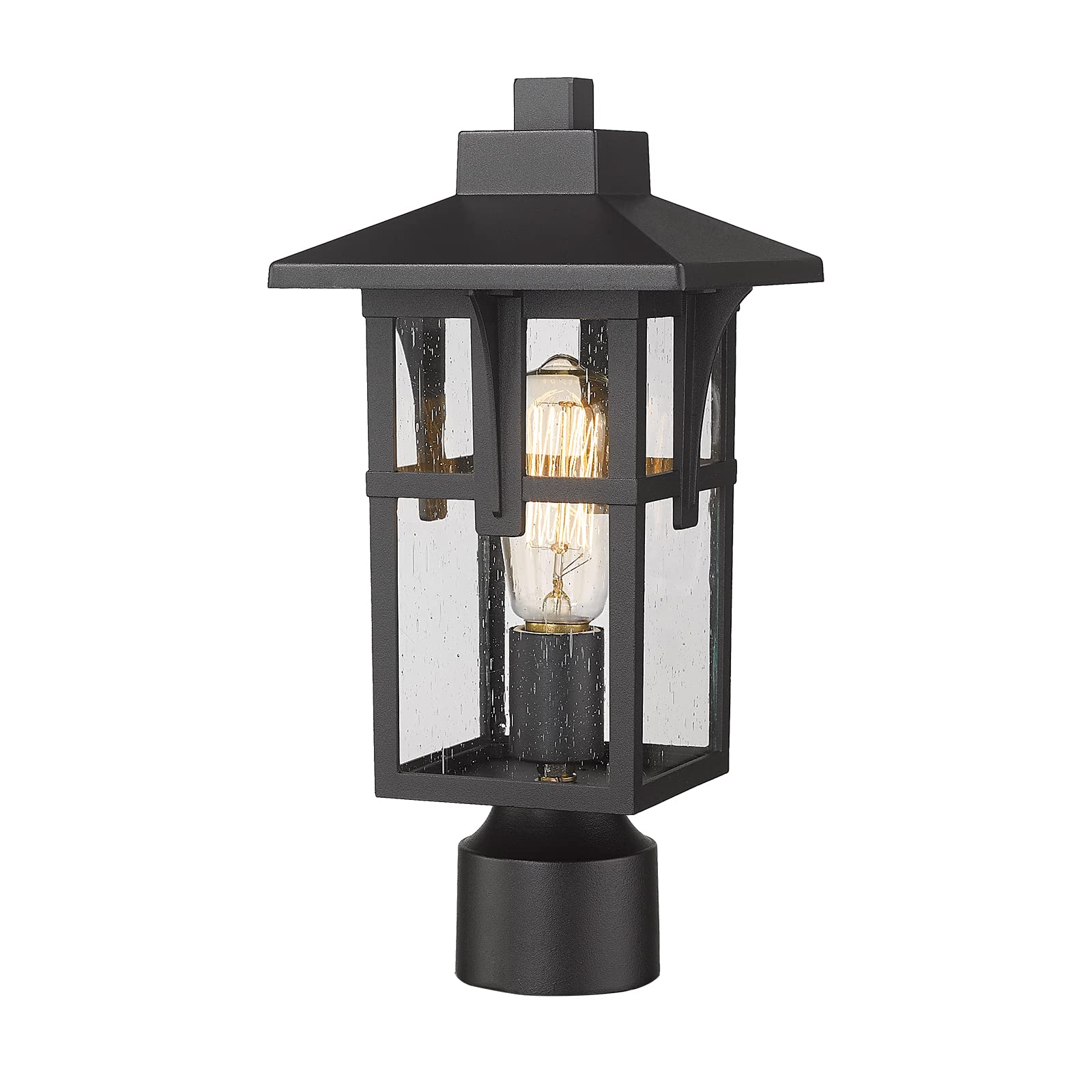 Exterior Post Light, HWH Outdoor Pole Lantern Pillar Light Fixture with Seeded Glass Shade, Matte Black Finish, 5HX62P BK