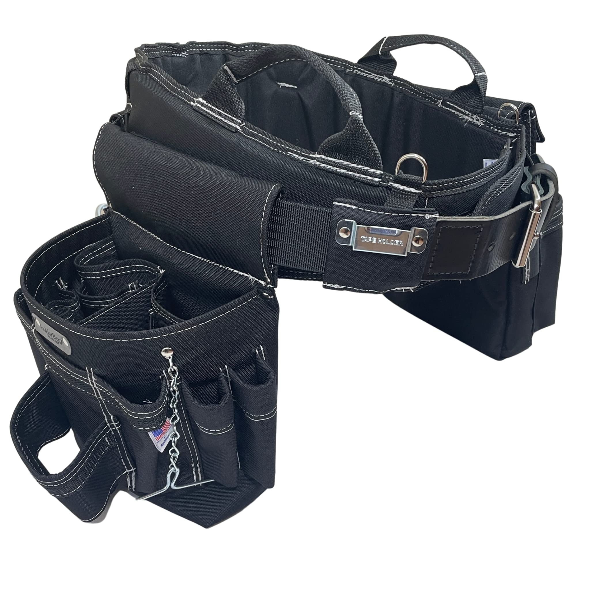 BOULDER BAG Ultimate Electrician's MAX Combo with Comfort Back Support Tool Belt, Leather Belt Buckle, Heavy Duty Tool Belt, Black with White Stitching, (Large 36-40 Inch Waist), Tool Belt Made in USA