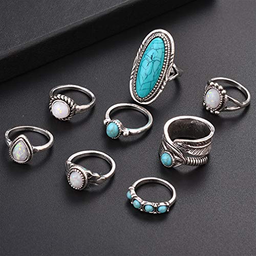 SOURBAN 8 Pcs Imitation Turquoise Finger Rings Set Women Vintage Hollow Wide Party Wedding Rings