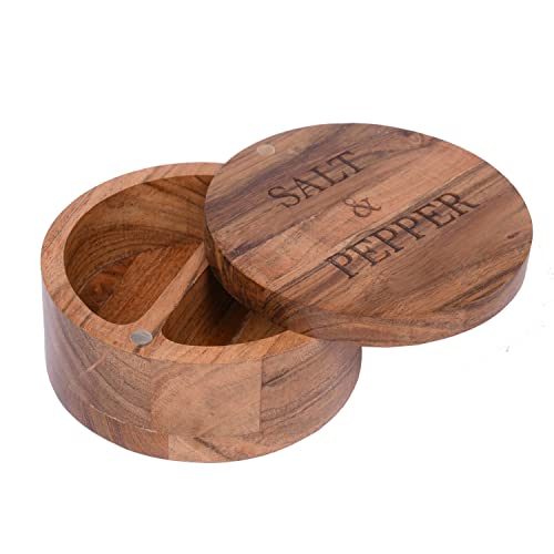 SAMHITA Acacia Wood Salt & Spice Box with Magnetic Swivel Lid, SALT & PEPPER" Engraved on Lid Seasoning Ingredients Storage Holder (4.75" x 4.75" x 2.5")