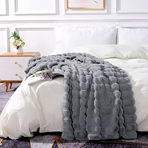 NEXHOME PRO Faux Fur Throw Blanket, Luxury Soft Rabbit Warm Fuzzy Cozy Fluffy Feel Fleece Blankets for Women 50" X 60",Comfy Ruched Blanket for Sofa Couch Bed DÉcor Grey