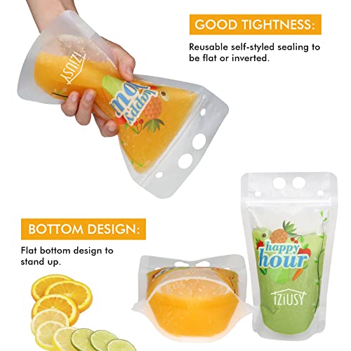 100 Pcs Zipper Plastic Pouches Drink Bags, Heavy Duty Hand-Held Translucent Frosted Reclosable Stand-up Bag 2.4" Bottom Gusset with 100 pcs Straws & Funnel Included