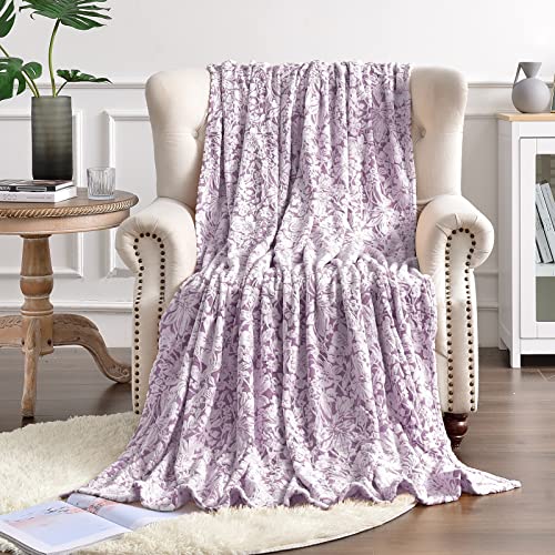 FY FIBER HOUSE Flannel Fleece Throw Blanket Super Soft Lightweight Microfiber with Flower Print for Couch, 50"X60", Lavender