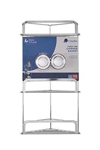 Croydex Stick n Lock Easy to Fit Adhesive Three Tier Corner Basket, Silver
