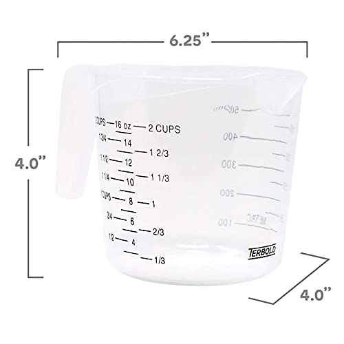 Terbold 3pc Measuring Cup Set in Clear Plastic with Long Handles - 1 Cup, 2 Cup, 1 Quart Sizes