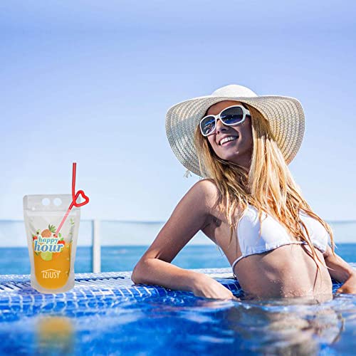 100 Pcs Zipper Plastic Pouches Drink Bags, Heavy Duty Hand-Held Translucent Frosted Reclosable Stand-up Bag 2.4" Bottom Gusset with 100 pcs Straws & Funnel Included