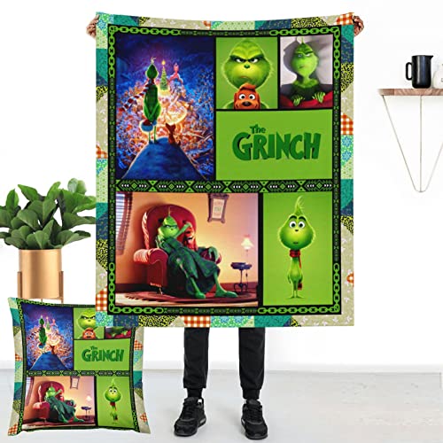 Christmas Green Monster Blanket, Ultra Soft Flannel Fleece Throw Blankets Lightweight Warm Travel Blankets with 1 Throw Pillow Covers for Couch Sofa Bed Kids Adults All Season