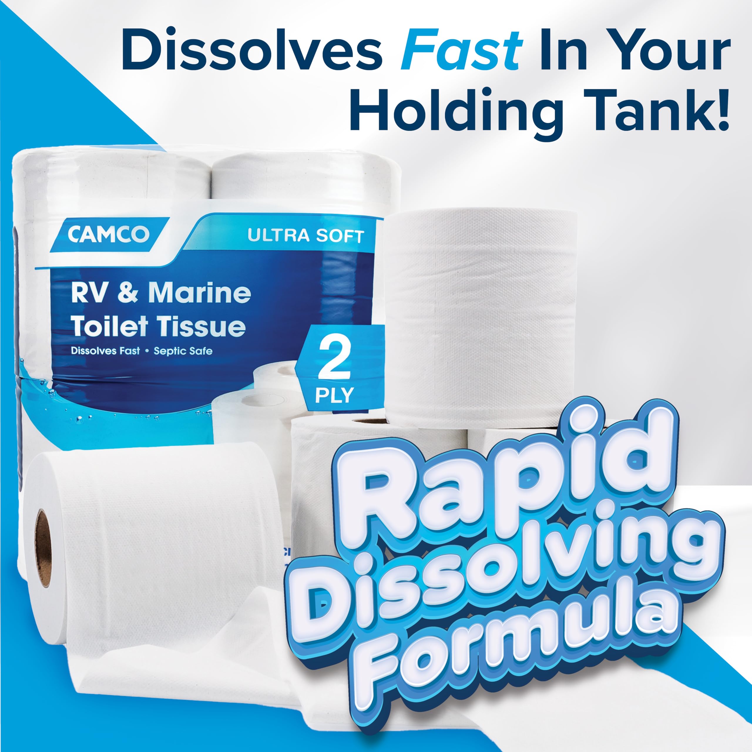 Camco Camper & RV Toilet Paper - 16-Rolls - 2-Ply Quick Dissolve RV Septic Safe Bath Tissue - Dye & Fragrance Free - 500 Sheets Per Roll (40282)