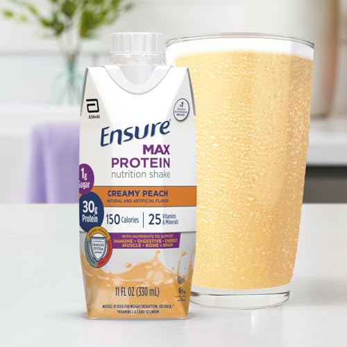 Ensure Max Protein Nutrition Shake Liquid, with 30g of Protein, 1g of Sugar, High Protein Shake, Creamy Peach, 11 fl oz - Pack of 12