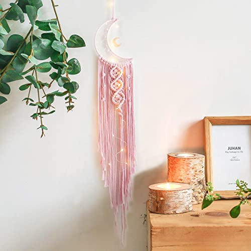 Pink Moon Dream Catcher with Light, Room and Boho Decor, Wall Decor, Gifts for Girl, Women, Bedroom Decor, Pink Décor and Gift, Birthday, Teen Girl Gifts