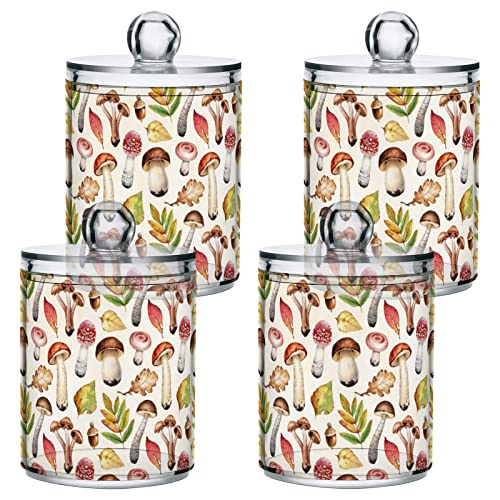 ALAZA 4pcs Mushroom Leaf Qtip Holder Dispenser 14 oz Bathroom Storage Clear Apothecary Jars Containers Cotton Ball,Cotton Rounds,Floss Picks, Hair Clips, Food