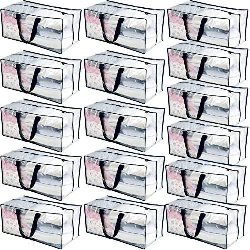 CHUMIA 16 Pieces Heavy Duty Extra Large Clear Storage Bags Backpack Straps Strong Handles Bags Reusable Clear Bags Space Saving Packing Bags for Moving, College Dorm, Traveling, Christmas Decorations