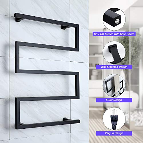 BERGOTO Towel Warmer Rack 5 Bar Stainless Steel Space Saving Plug-in Wall Mounted Cloth Towel Heated Drying Rack for Home Bathroom (Black)